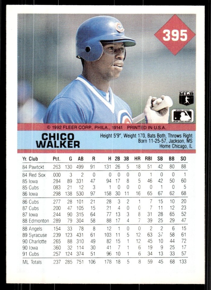 1992 Fleer Baseball Card Chico Walker Chicago Cubs #395 | eBay