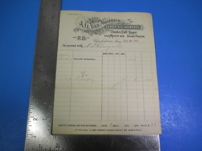 Vintage June 24, 1901 A. G. Van Nostrand Bunker Hill Breweries Invoice ...