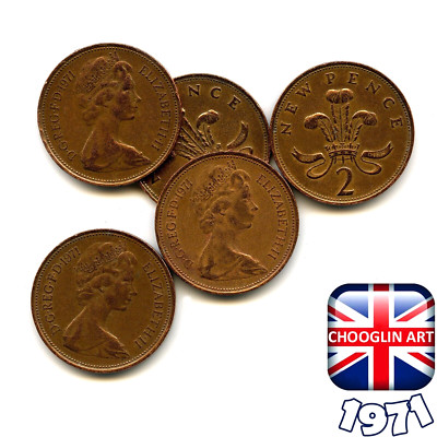 Set of (x5) BRITISH 1971 ELIZABETH II TWO PENCE 2p coins, 55 Years Old ...