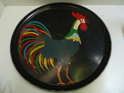 VINTAGE FRENCH HAND PAINTED ROOSTER COCKERAL METAL DRINK TRAY FOLK ART ...