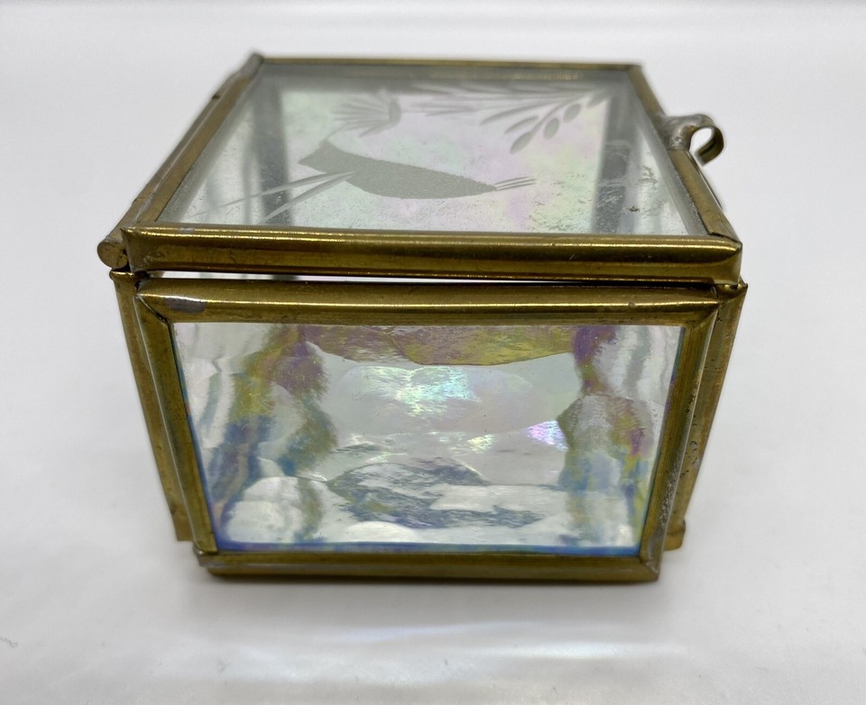 Vintage Glass Brass Mirrored Small Jewelry Trinket Box Square with Bird ...