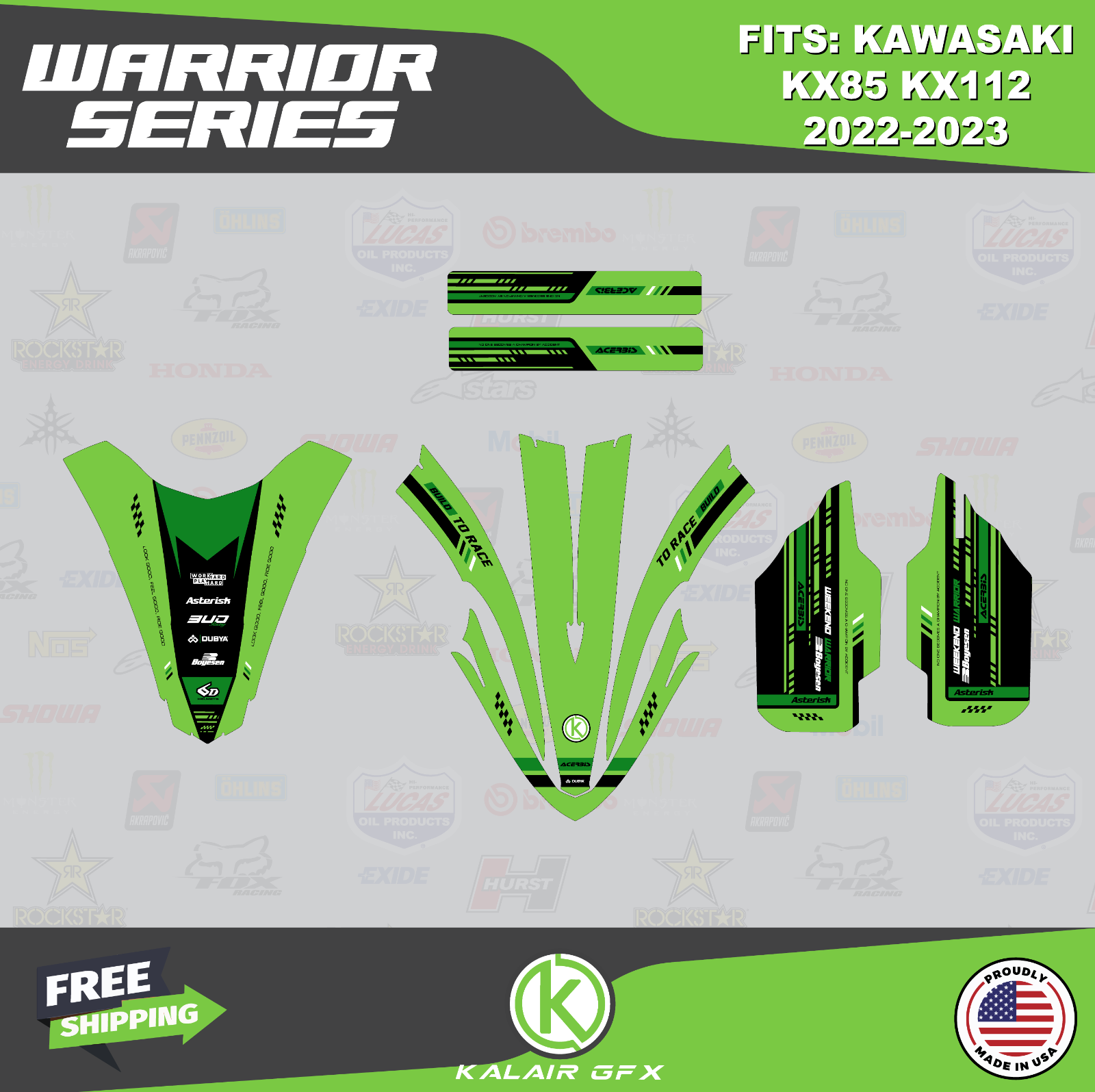 Graphics Kit for KAWASAKI KX85 KX112 2022 2023 Warrior - Green | eBay