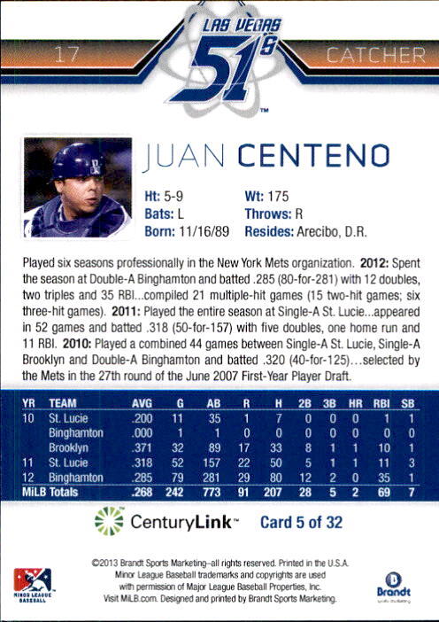 2013 Las Vegas 51s Brandt #5 Juan Centeno Dominican Republic DR ...