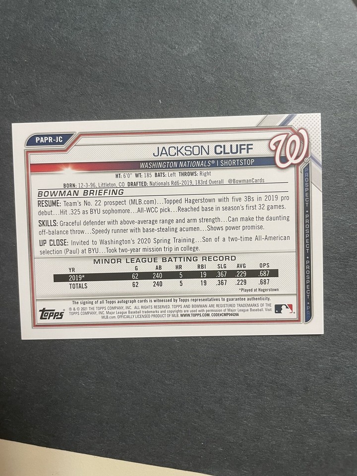 2021 Bowman 1st Jackson Cluff #PAPR-JC Auto AUTOGRAPH ROOKIE RC ...