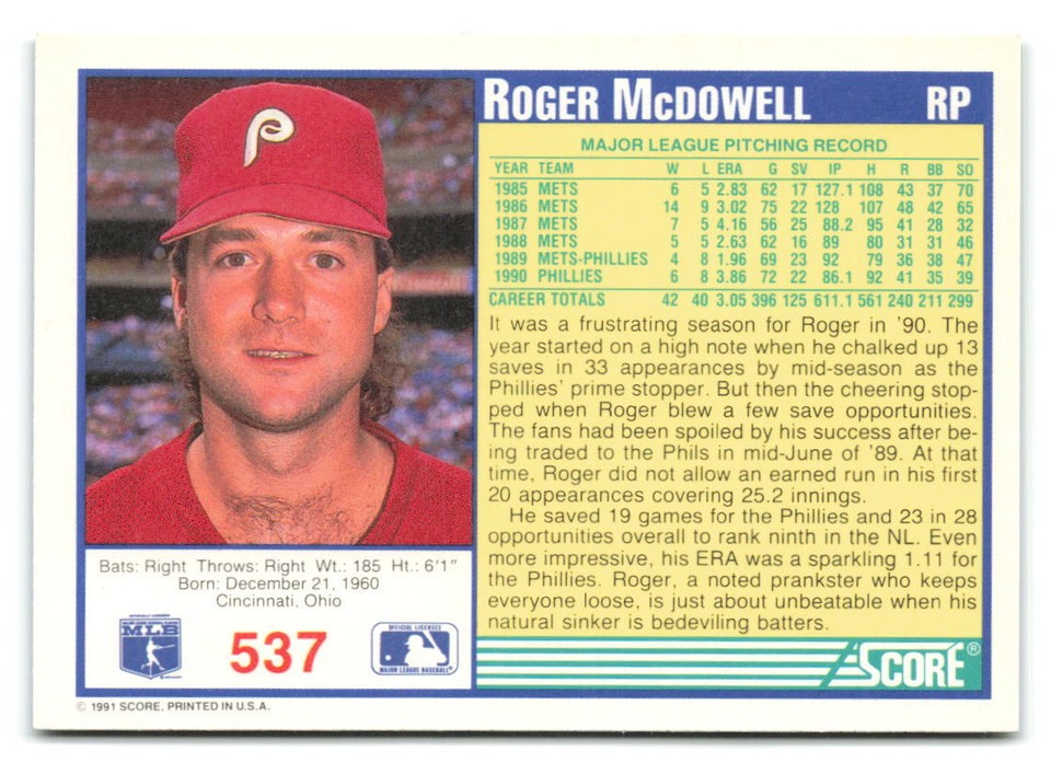 1991 Score Roger McDowell #537 Philadelphia Phillies BASEBALL Card | eBay