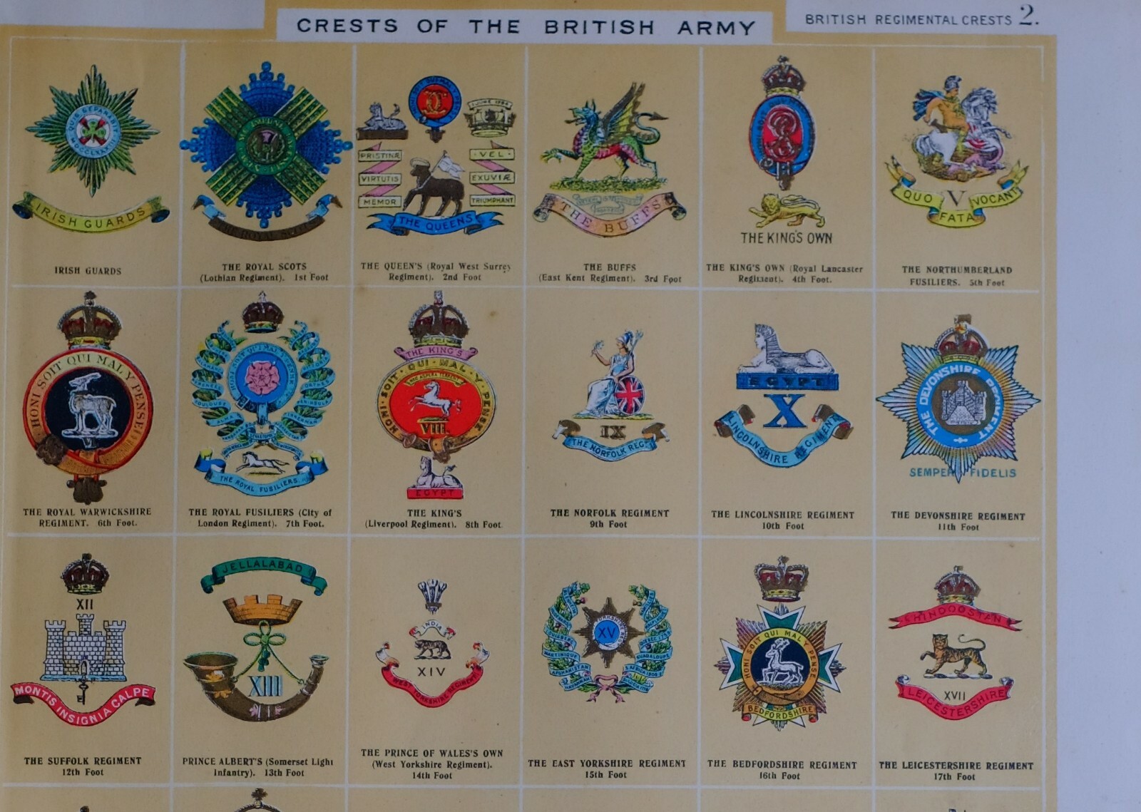 1919 PRINT CRESTS OF THE BRITISH ARMY QUEENS ROYAL BUFFS IRISH REGIMENT ...