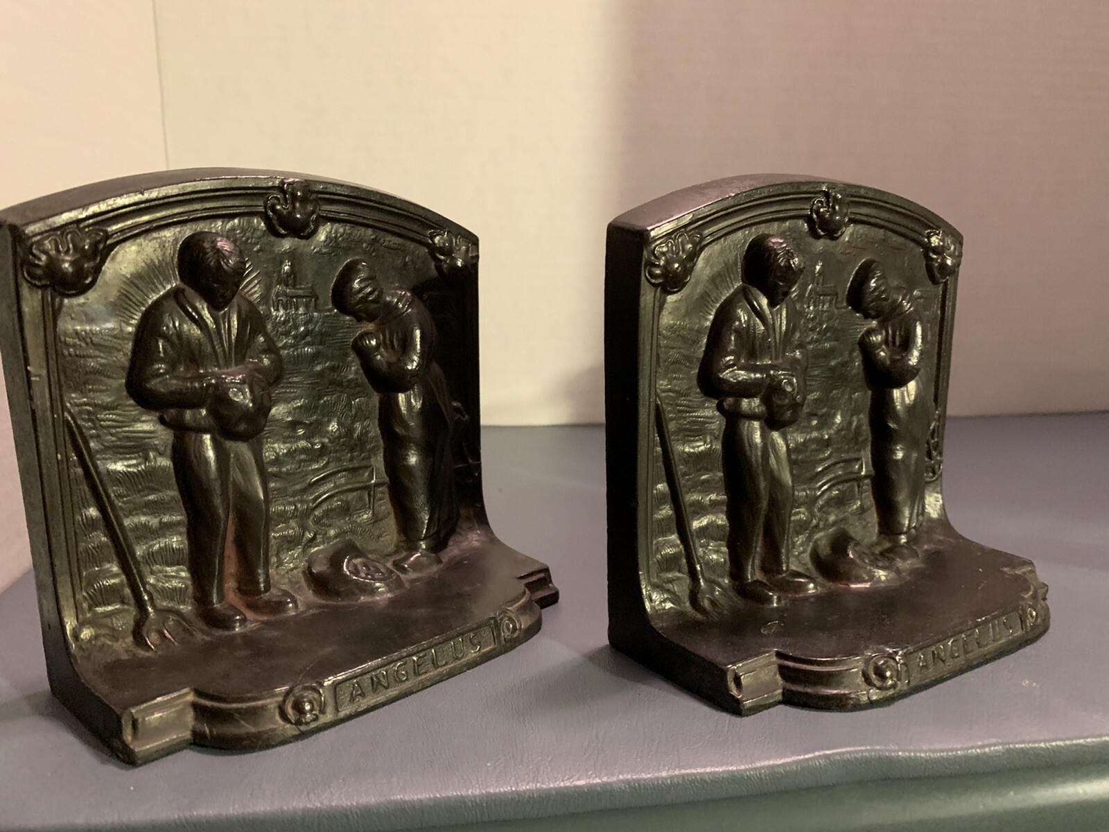 Set Of 2 Antique Bronze Bookends “The Angelus” Farmer & Wife Praying At ...