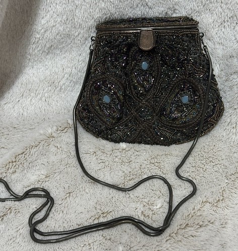 Vintage Lyrella Beaded Evening Bag Chain Strap Brown & Turquoise Art ...
