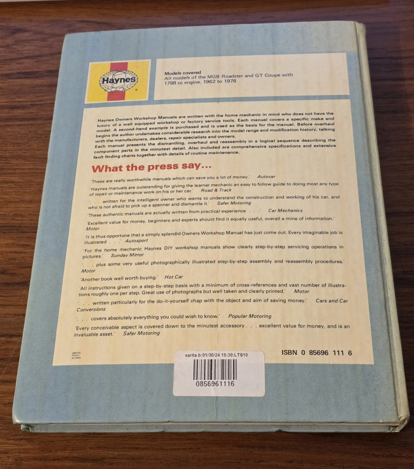 Haynes MGB 1962-1978 Owner's Workshop Manual Roadster & GT Coupe | eBay