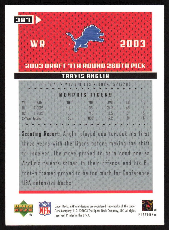 2003 Upper Deck MVP Travis Anglin #397 Rookie Detroit Lions | eBay