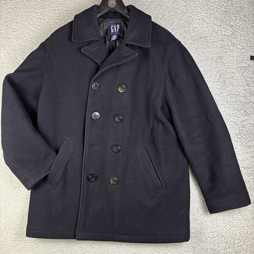 VTG Gap Mens Double Breasted Navy Wool Pea Coat Anchor Buttons M ...
