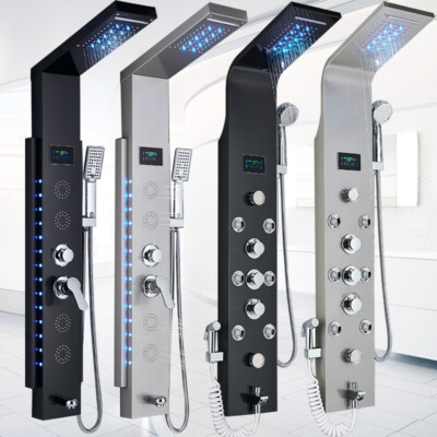 LED Shower Panel Column Tower Stainless Steel Black Waterfall Body Jet ...