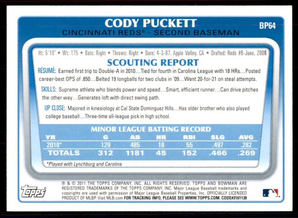 2011 Bowman Prospects Cody Puckett Rookie Cincinnati Reds #BP64 | eBay