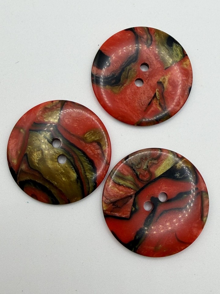 MARBLED RESIN 2 HOLE FLAT BUTTONS SET OF 3 MULTI COLOR RED GOLD CRAFT ...
