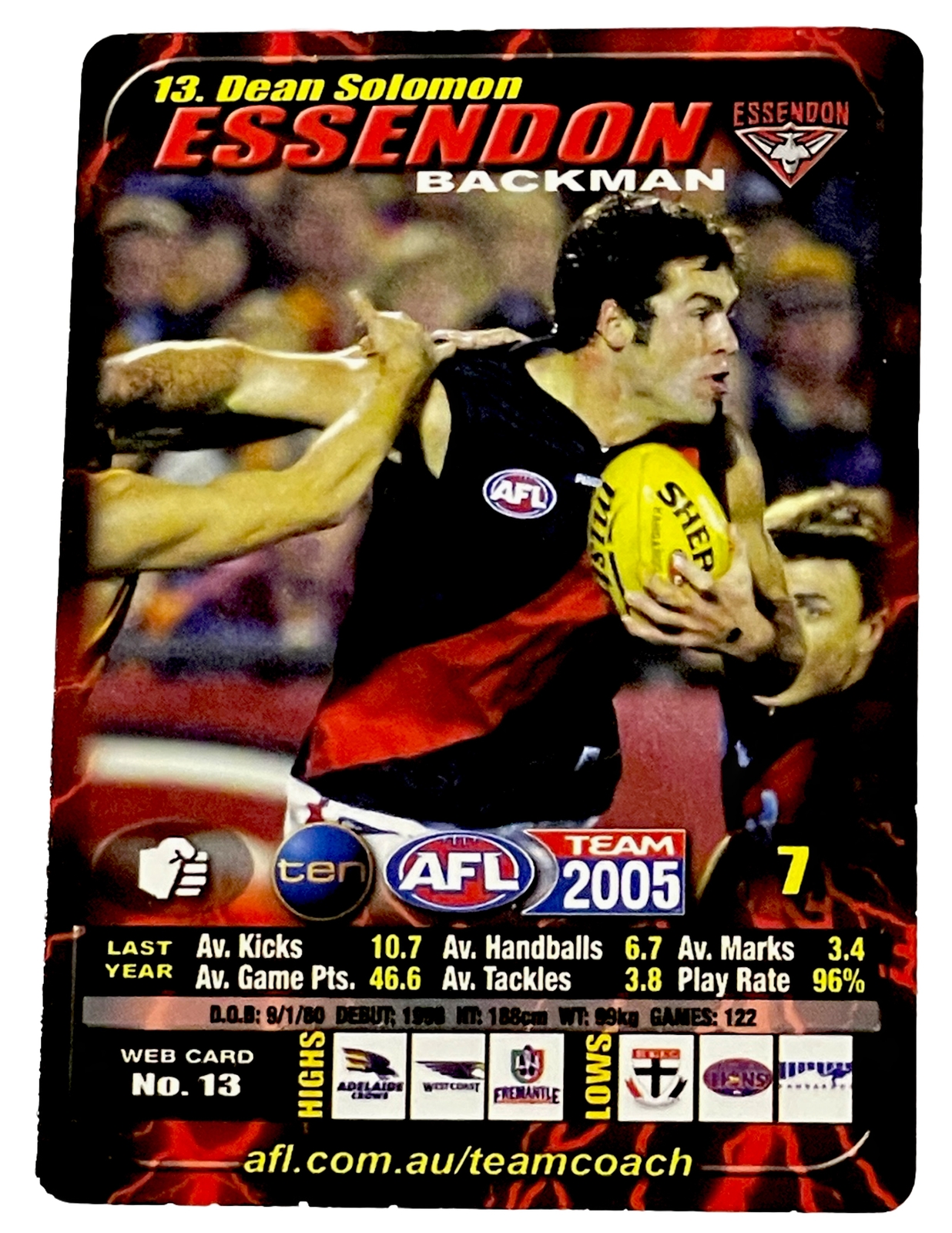 2005 Team Coach Dean Solomon Essendon Bombers AFL 🏉 Card | eBay