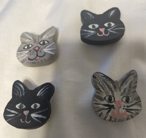 CAT Button Covers 4 Hand Painted Wood Whimsical Folk Art Kitty Design ...