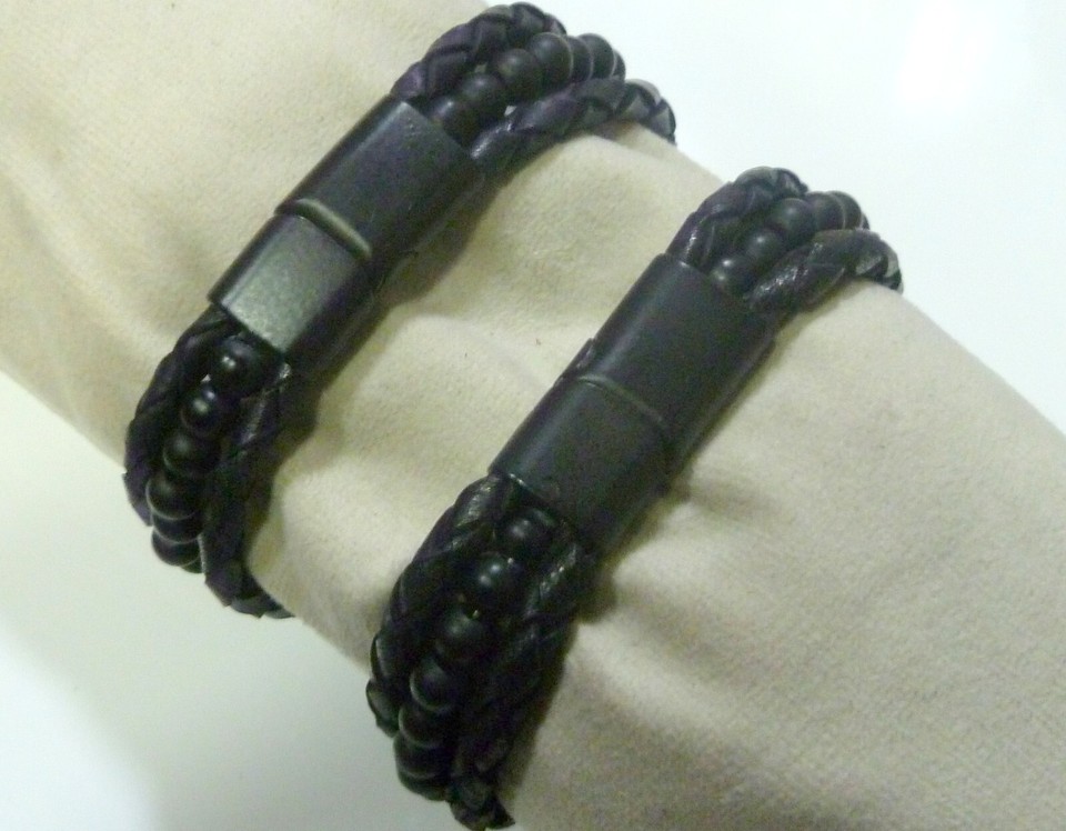 21CM 3 Row Magnetic Clasp Leather Bracelet In Black With OnyX And Agate ...