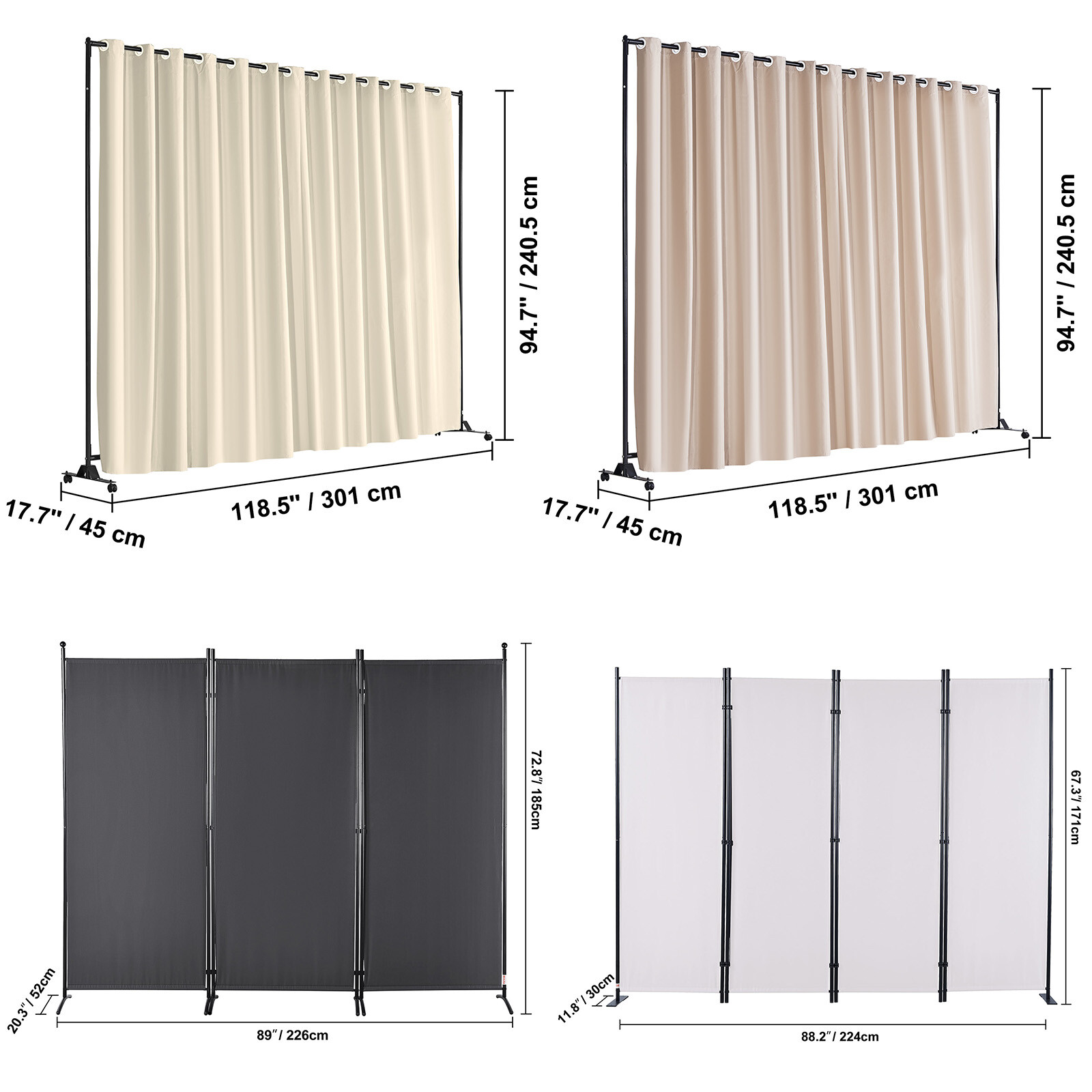 VEVOR Portable Panel Room Divider with Wheels Privacy Screen Curtain ...