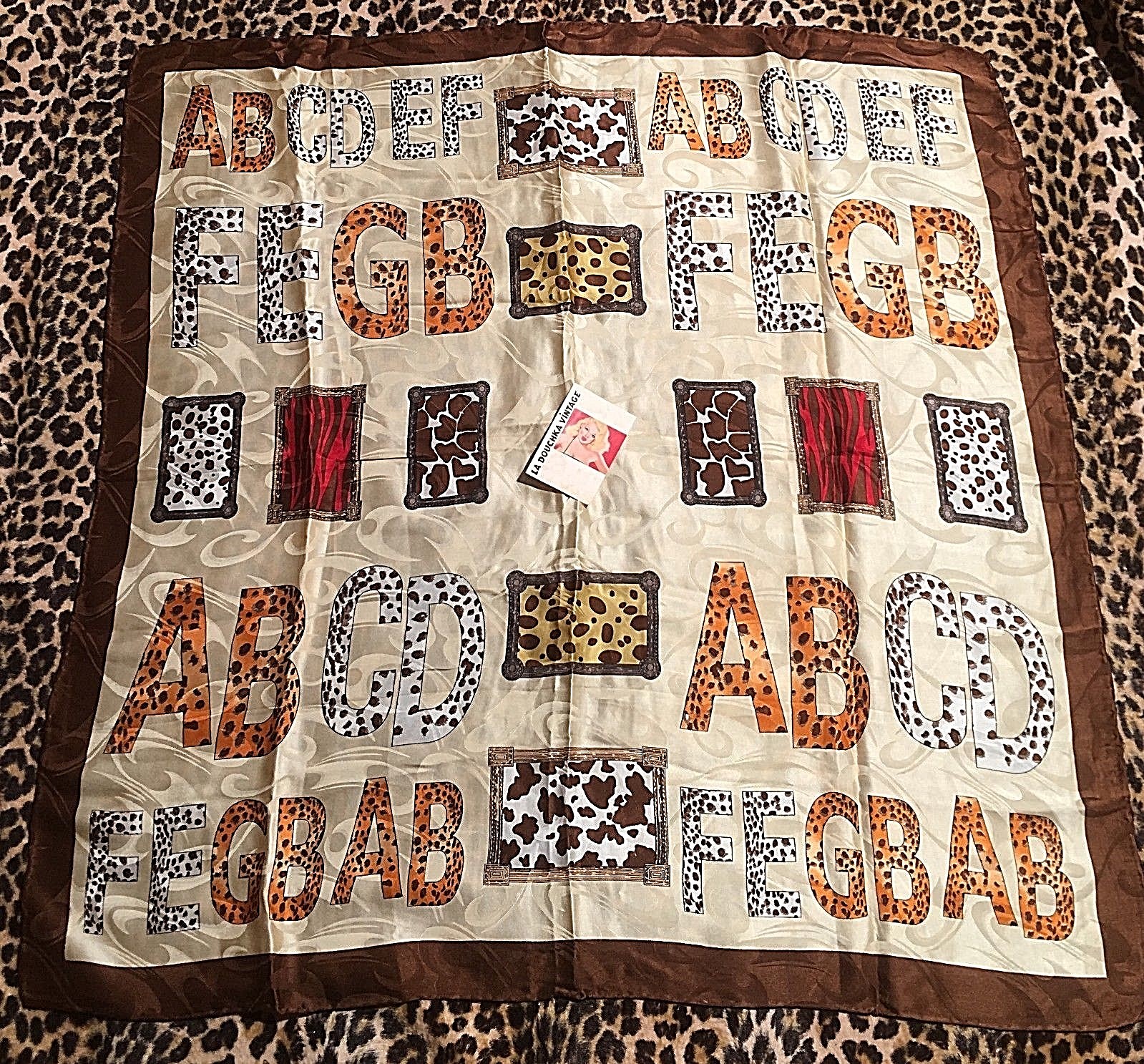 FRENCH 1980s JACQUARD SILK SCARF~ALPHABET LETTERS~ANI… - Gem