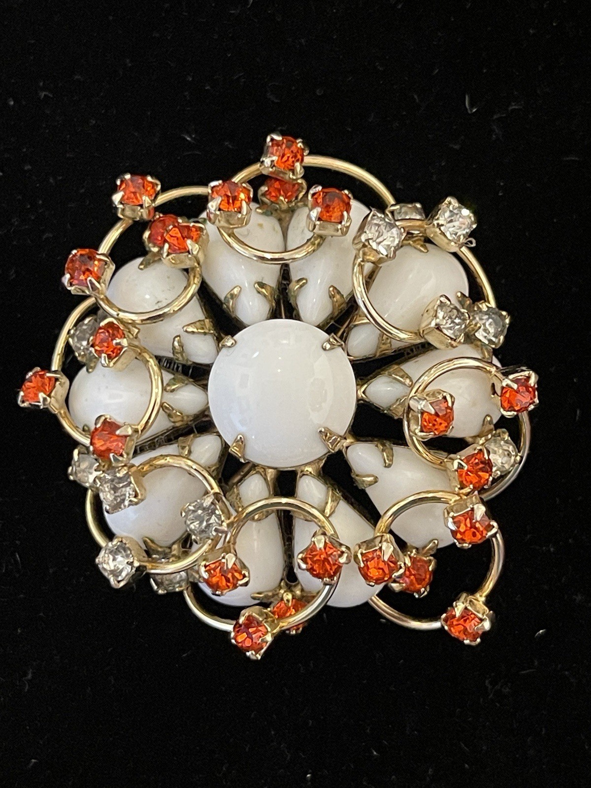 Vintage HOBE Milk Glass Rhinestone Gold Wire Brooch … - Gem