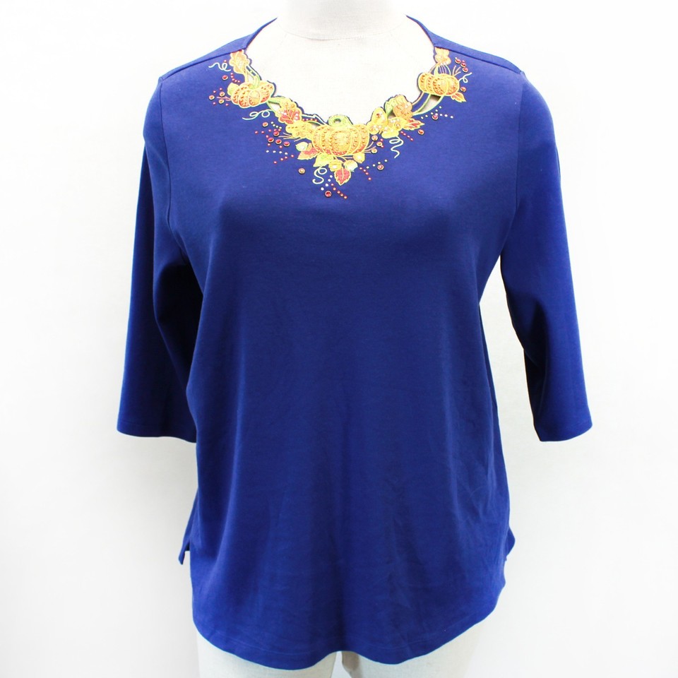 Quacker Factory Plus Fall Thanksgiving Swarovski Blue Blouse Top Shirt ...