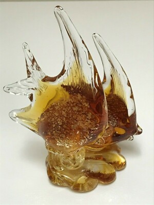 Double Angel Fish Amber with Gold Flecks Art Glass Paperweight Murano ...