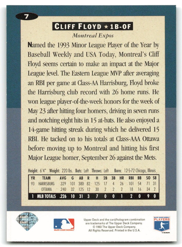 1994 Collector's Choice #7 Cliff Floyd Silver Signature RCL Montreal ...