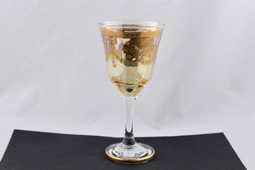 VINTAGE AMBER J PREZIOSI HANDMADE WINE GLASS GOBLET WITH GOLD OVERLAY ...