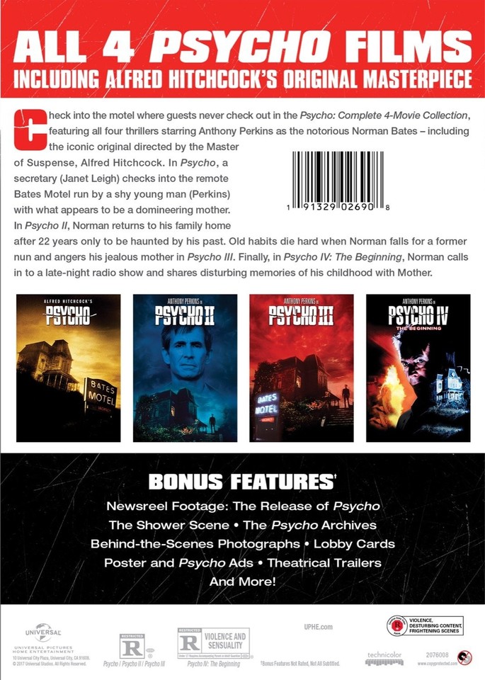 Psycho: Complete 4-Movie Collection (DVD) Anthony Perkins Janet Leigh ...