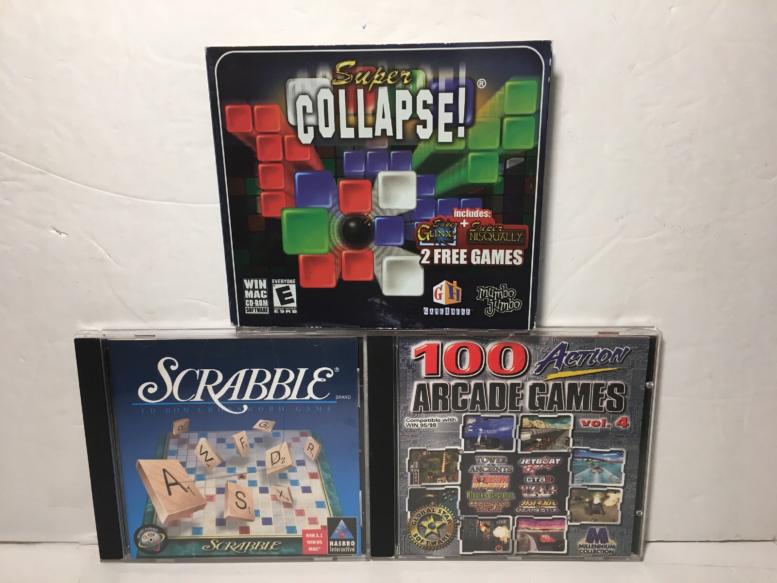 Lot of 3 Vintage CD-ROM PC Games SCRABBLE SUPER COLLAPSE 100 ACTION ...