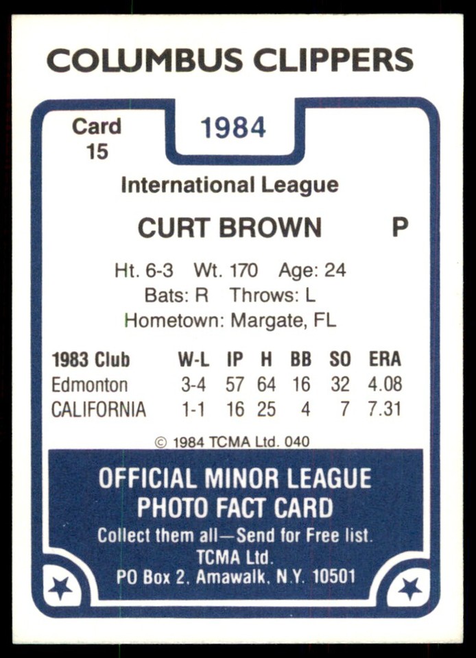 1984 TCMA Minor League Curt Brown (B) Columbus Clippers #15 | eBay