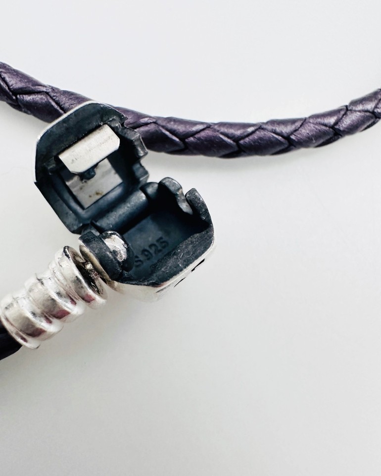 PANDORA 925 Sterling Silver Braided Leather Double Wrap Bracelet Purple ...
