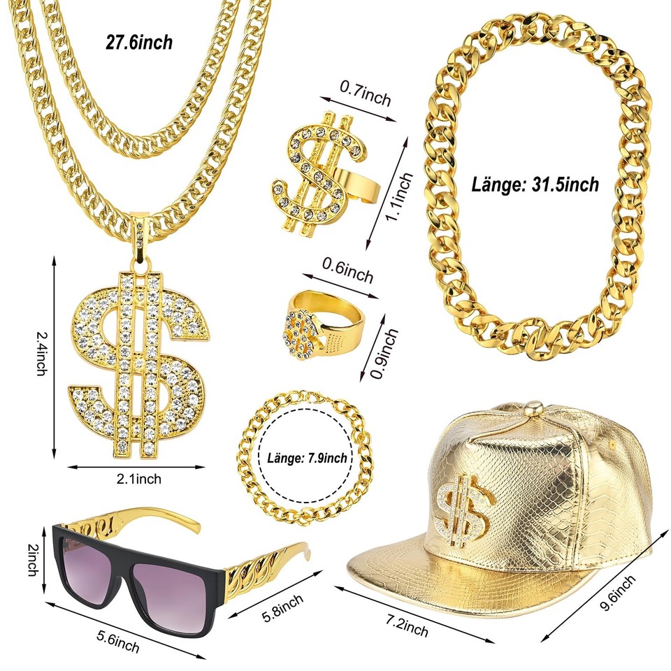 GOLDGE 80s 90s Hip Hop Costume Kit Rapper Outfit Unisex 7pc Gold - Fast ...