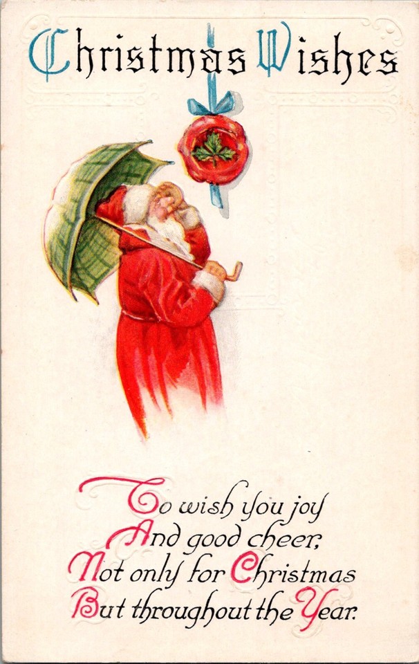 c1915 Winsch Back Christmas Postcard Santa Has Green Umbrella Wishes ...