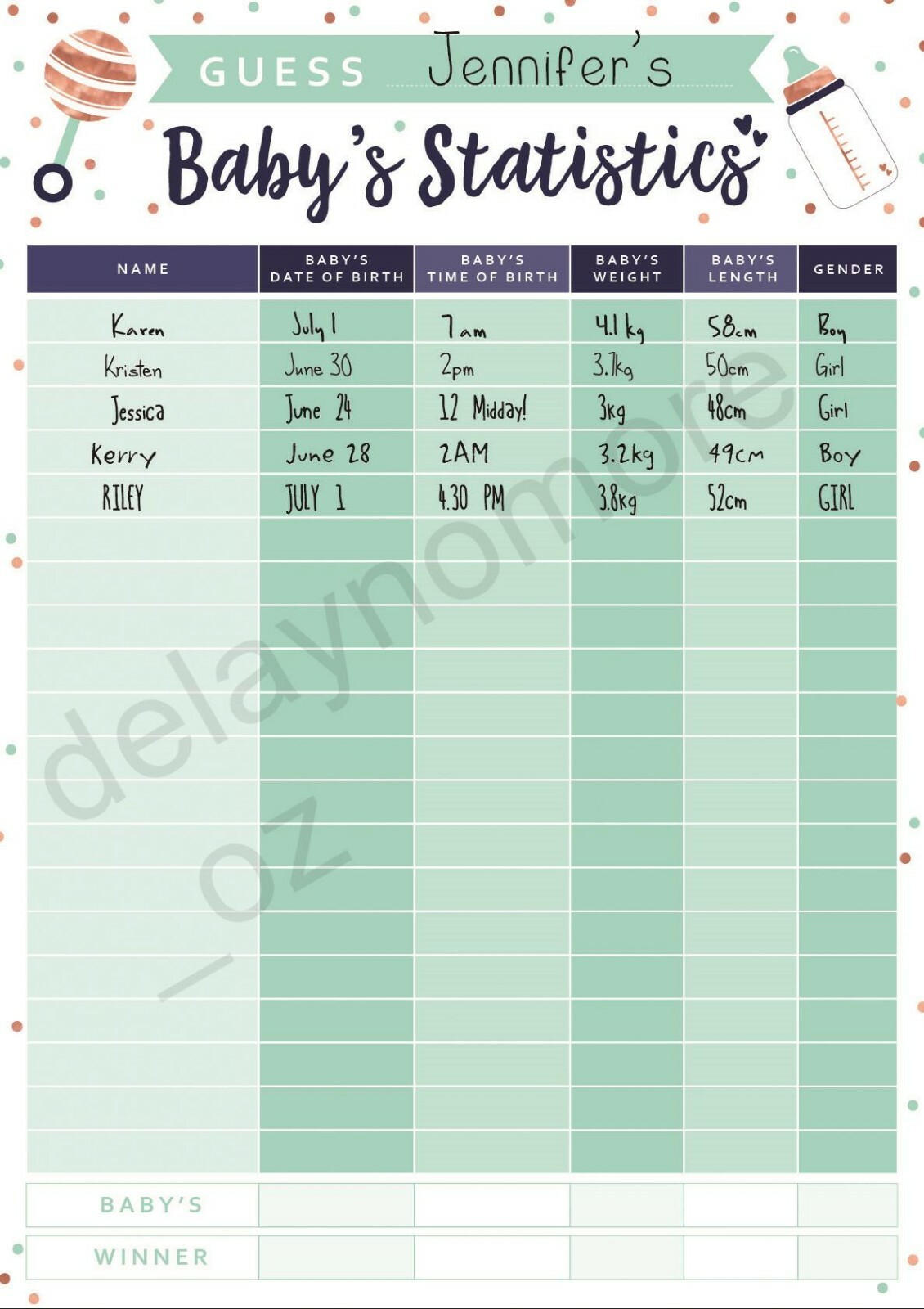 Baby Shower Party Favours Guess Baby Statistics Kit Set Pack Fun Game ...