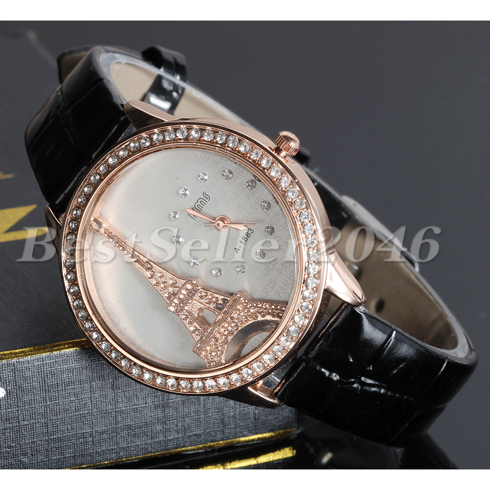 Paris Eiffel Tower Rhinestone Dial Quartz Analog Wrist Watch Leather ...