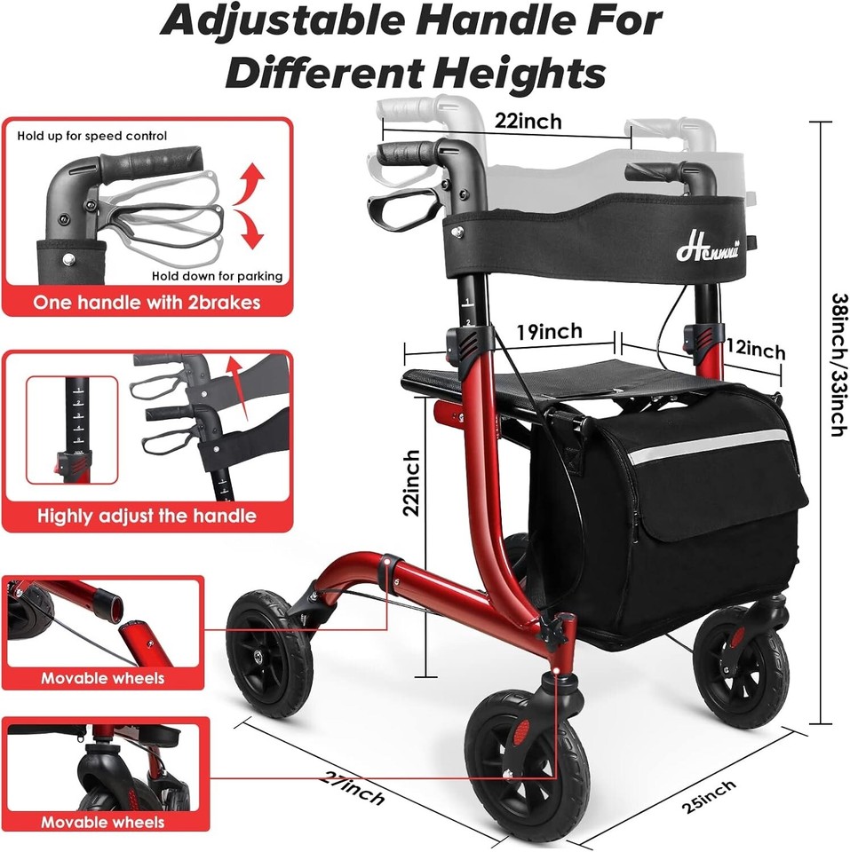 All-Terrain Rollator Walker for Seniors Rubber Wheels Foldable ...