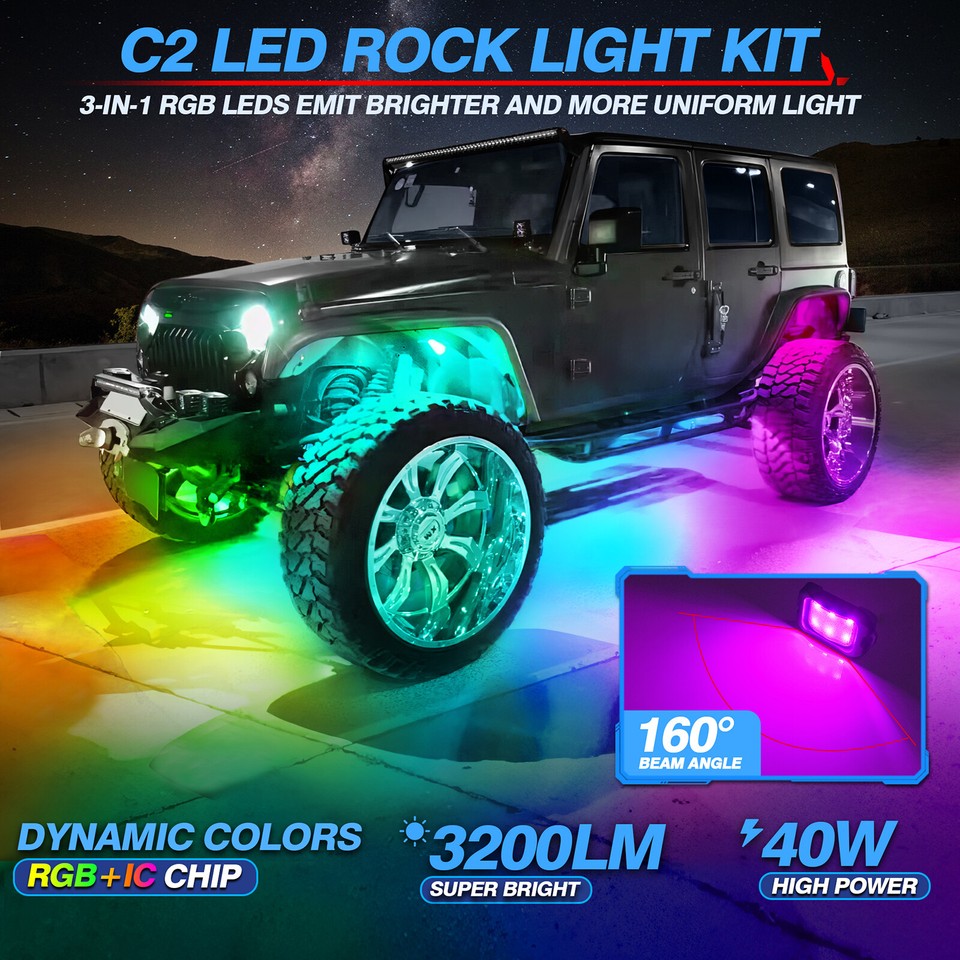 MICTUNING C2 Max RGB-IC LED Rock Lights 8 Pods Underglow Underbody Neon ...