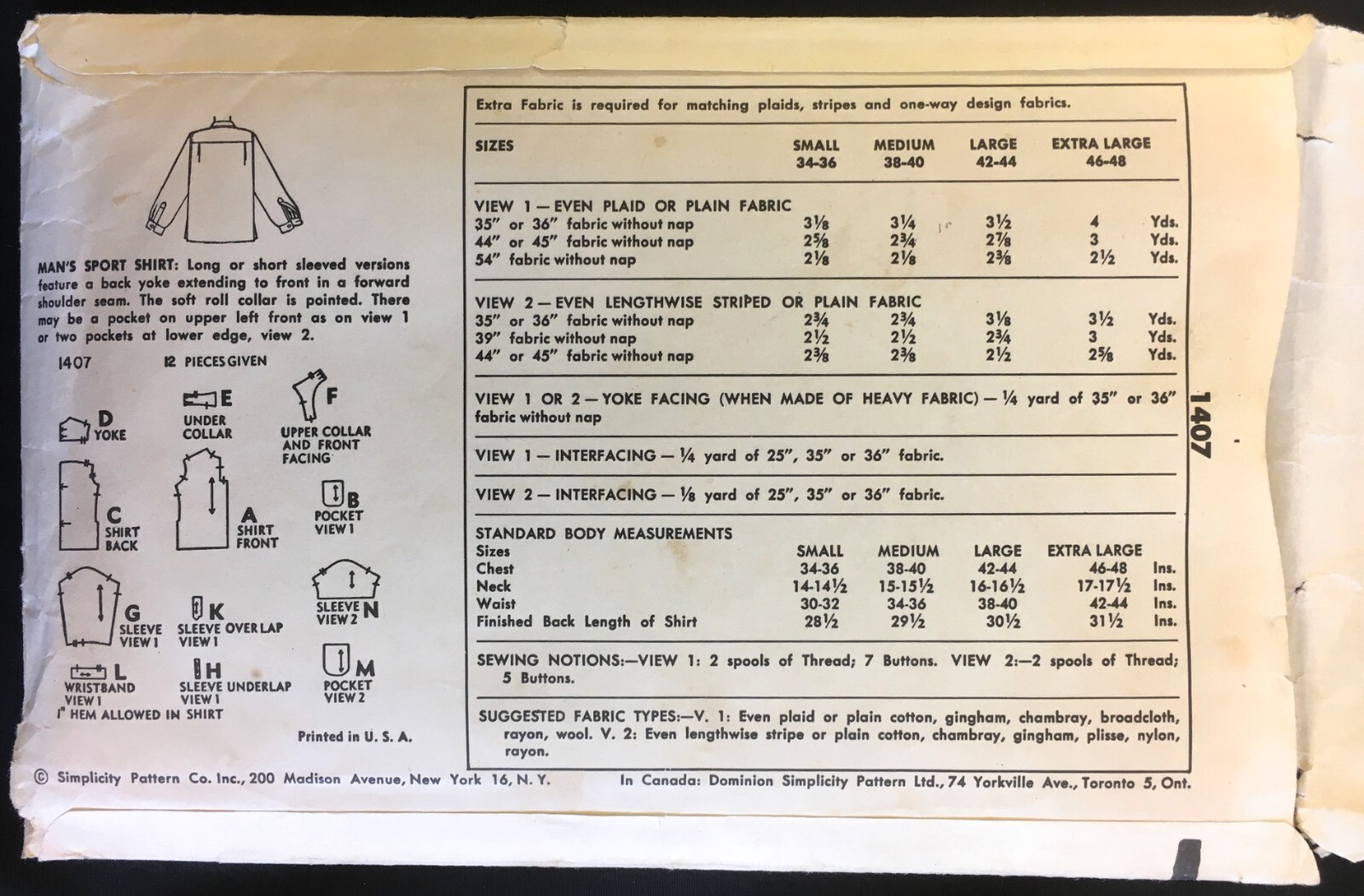 50s Mens Sport Shirt Sz M Ch 38 40 Simplicity 1407 Pattern Vtg Mid ...