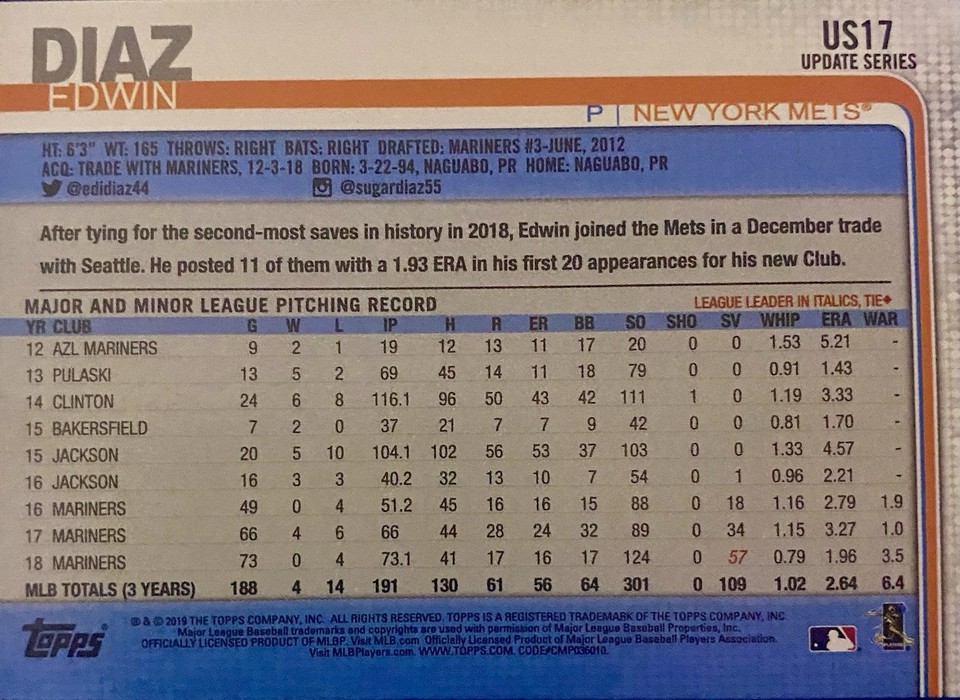 2019 Topps Update Series - Edwin Diaz #US17 | eBay