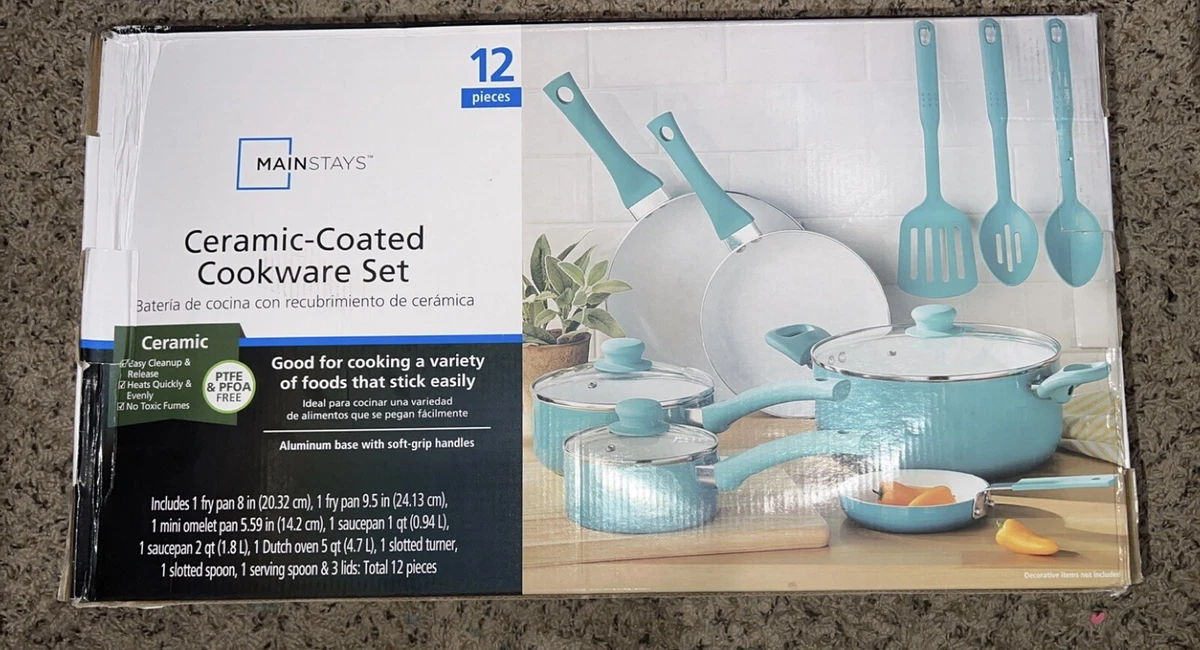 Mainstays 12pc Ceramic Cookware Set, Blue Linen