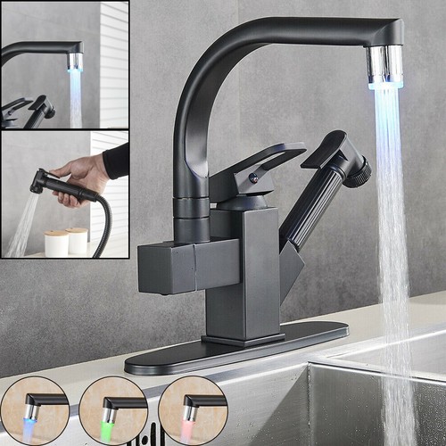 LED Matte Black Kitchen Sink Faucet Pull Down Sprayer Mixer Tap with ...