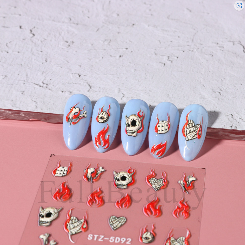 5D Nail Decals Halloween Horror Puppet Doll Bones Flame Evil Eyes ...