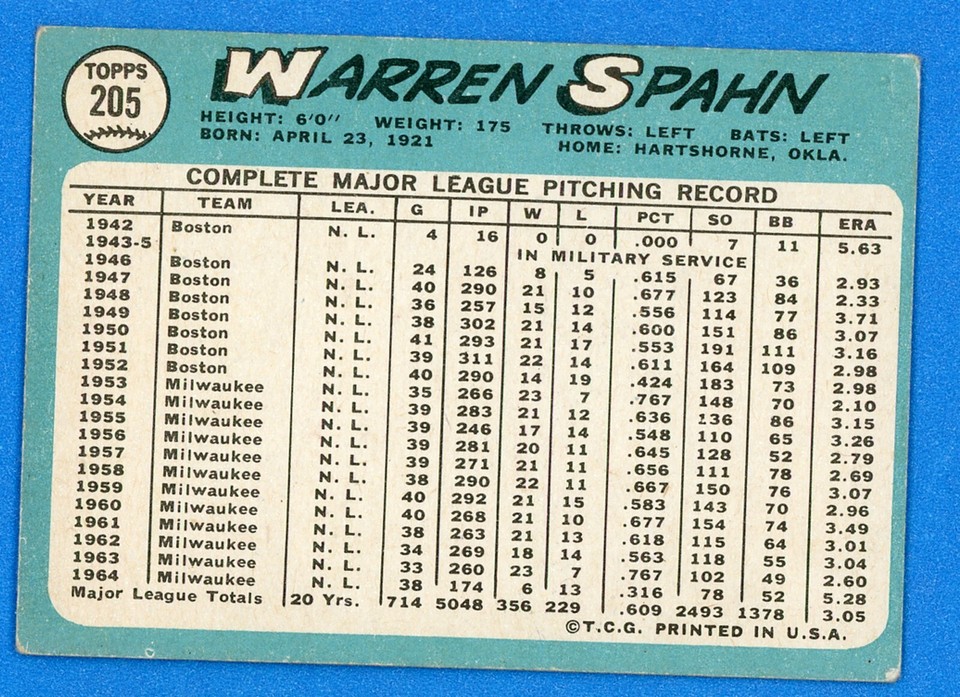 1965 TOPPS #205 WARREN SPAHN - NEW YORK METS- EX | eBay