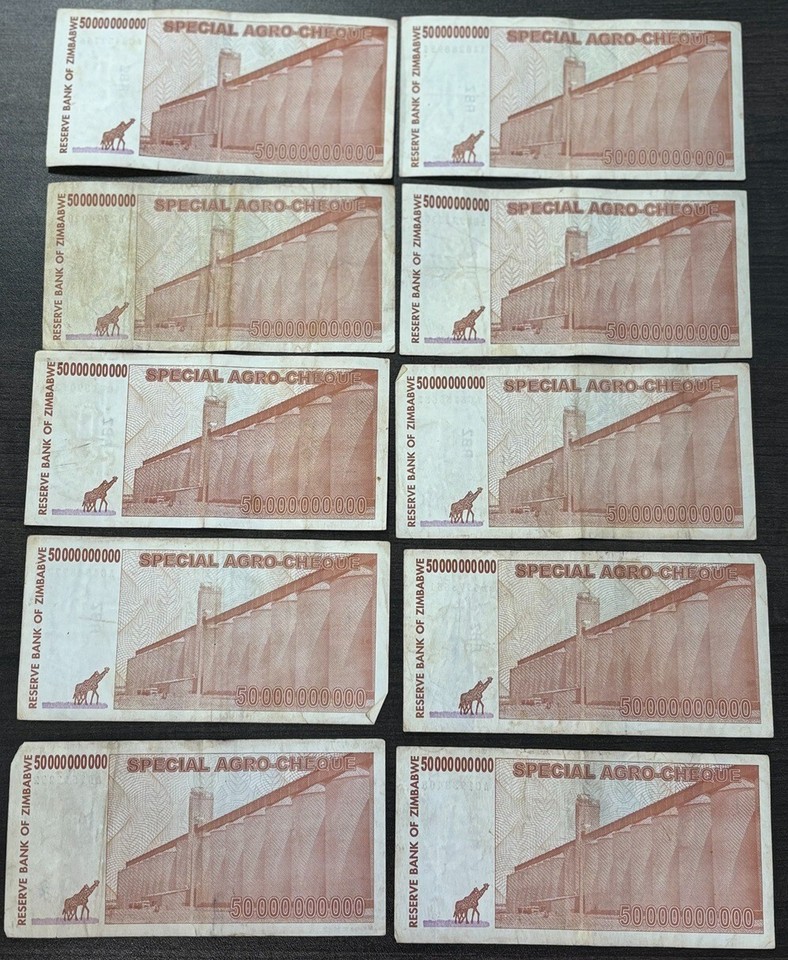 10 pcs x Zimbabwe 50 Billion Dollar Agro cheque banknotes / Circulated ...