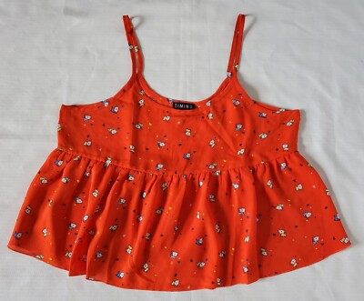 T.I.M.I.N.G. Size L Spaghetti Strap Top Orange Sheer Cat Heart Print ...