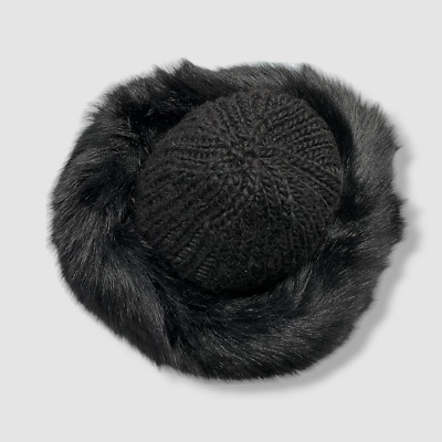 $115 Surell Women's Black Wool Knit Crown Rabbit Cuff Beanie Hat Size ...