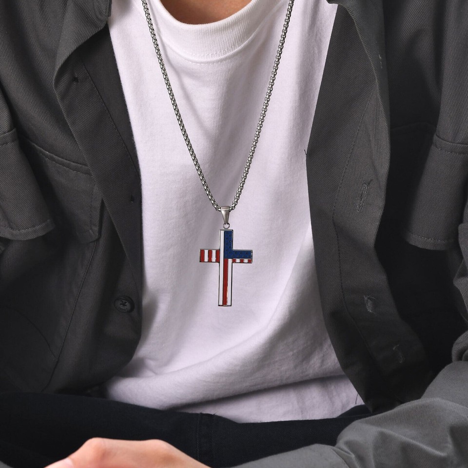 USA Flag American Cross Pendant Necklace Independant Day Gift Christian ...