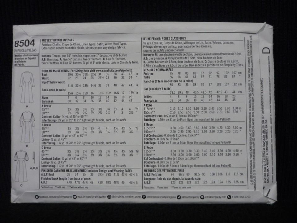 2017 SIMPLICITY PATTERN # 8504~WOMENS VINTAGE 1930s DRESSES~SIZES 12-20 ...