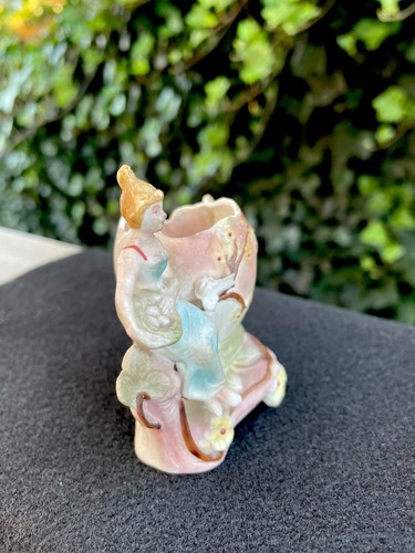 3" Antique Nouveau Bisque Young Girl Nymph Figurine sitting w Nest of ...